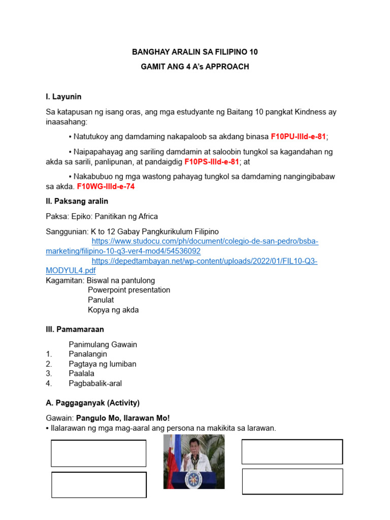 4a's Banghay-aralin-Filipino 10 (Guero, Heljane) | PDF