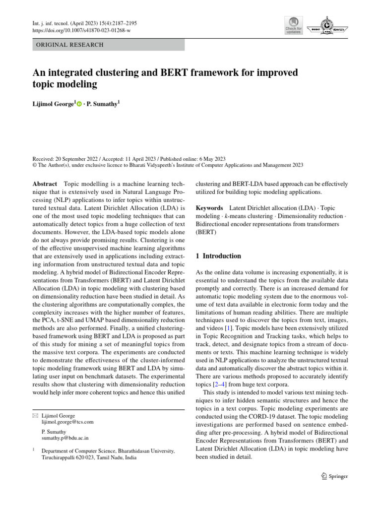 An Integrated Clustering and BERT Framework For Improved Topic Modeling | Download Free PDF ...