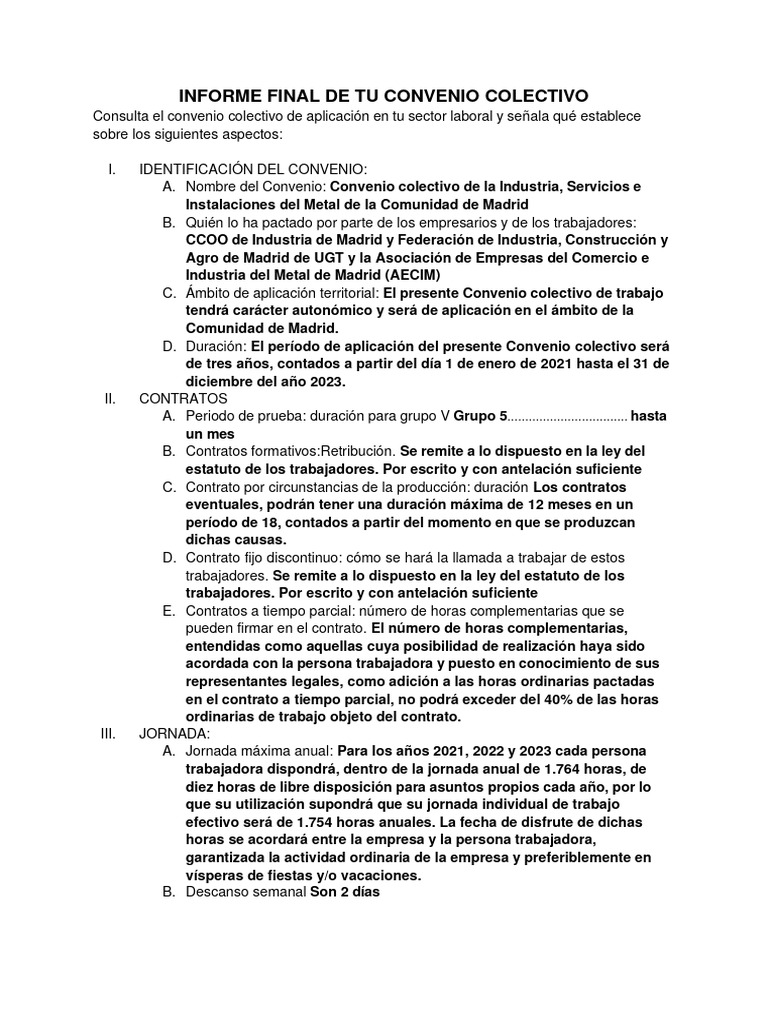 Informe Final de Tu Convenio Colectivo | Descargar gratis PDF | Salario | Tiempo de trabajo