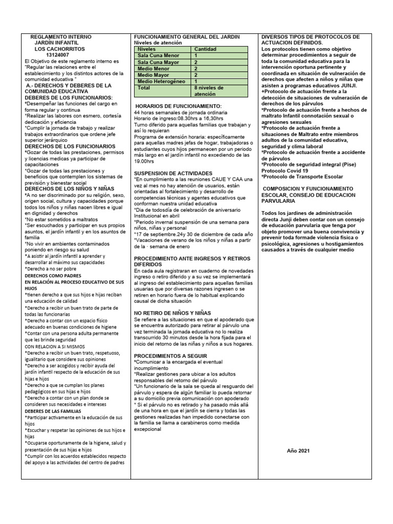 REGLAMENTO INTERNO Triptico | PDF | Educación de la primera infancia | Abuso infantil