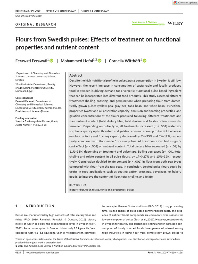 Food Science Nutrition - 2019 - Ferawati - Flours From Swedish Pulses Effects of Treatment On ...