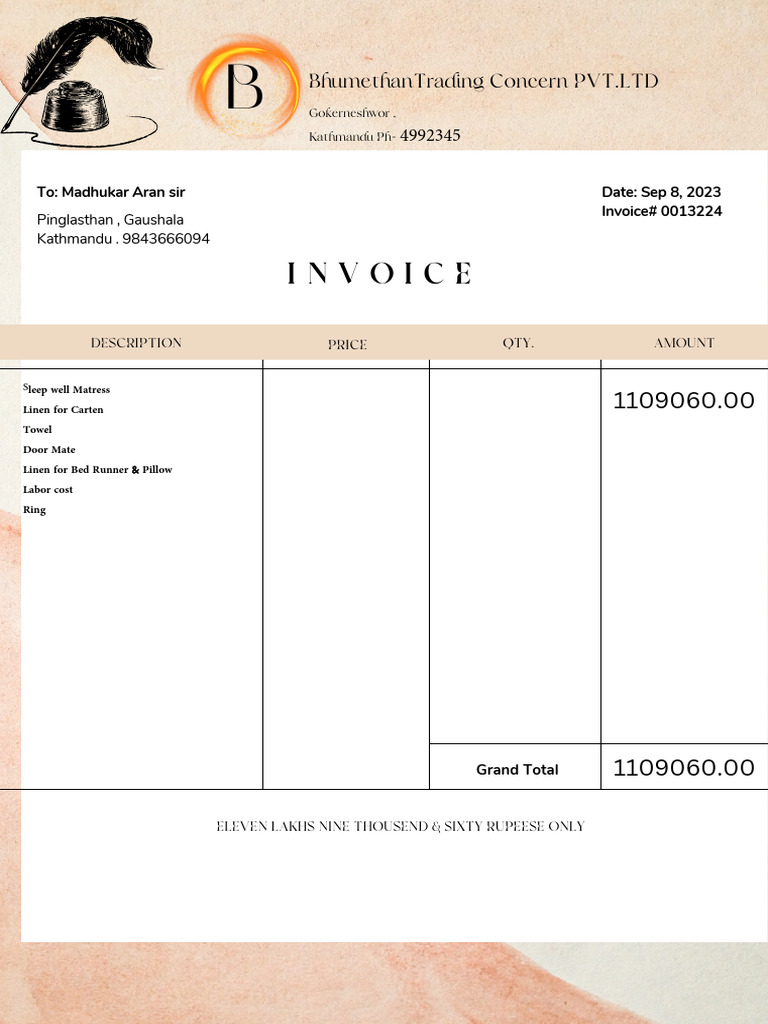 Invoice for Sleepwell Mattress and Linens | PDF