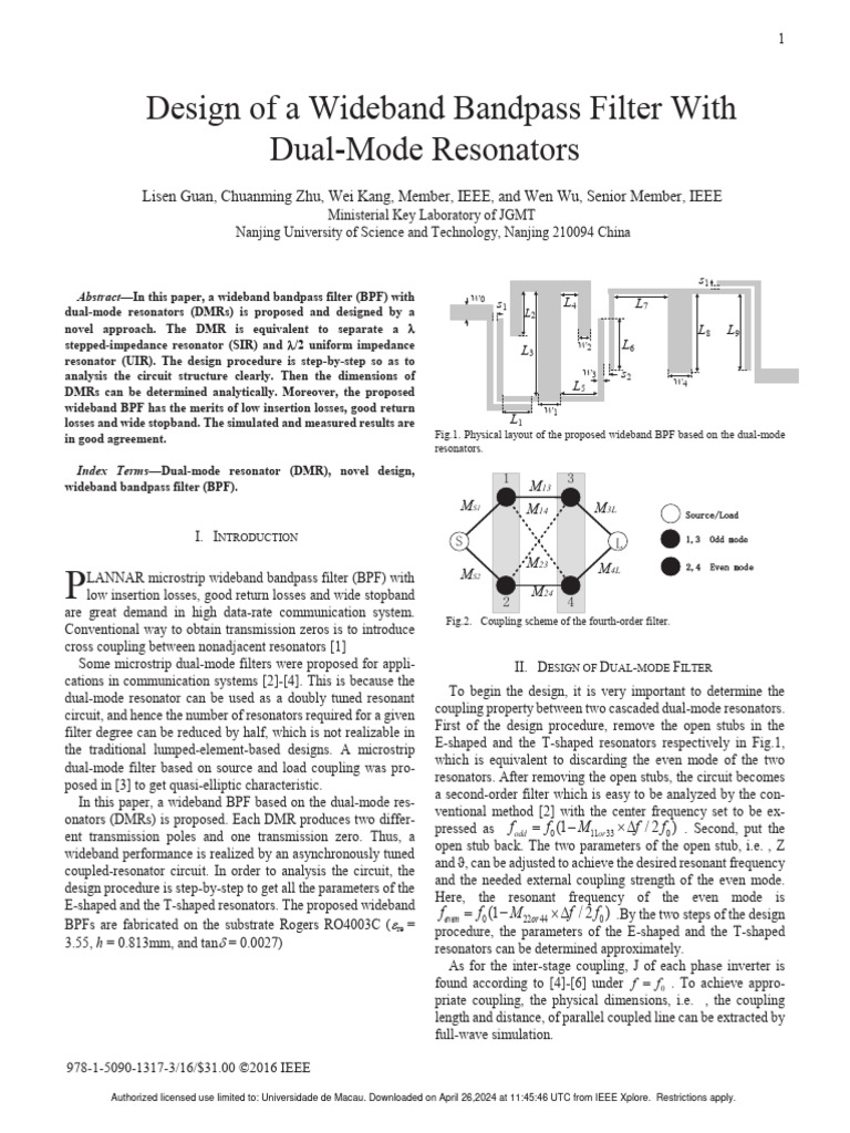 Design of A Wideband Bandpass Filter With Dual-Mode Resonators | PDF | Filter (Signal Processing ...
