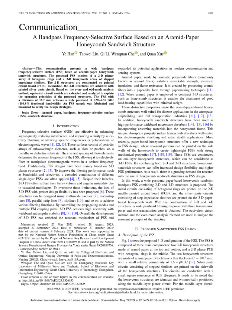A Bandpass Frequency-Selective Surface Based On An Aramid-Paper Honeycomb Sandwich Structure ...