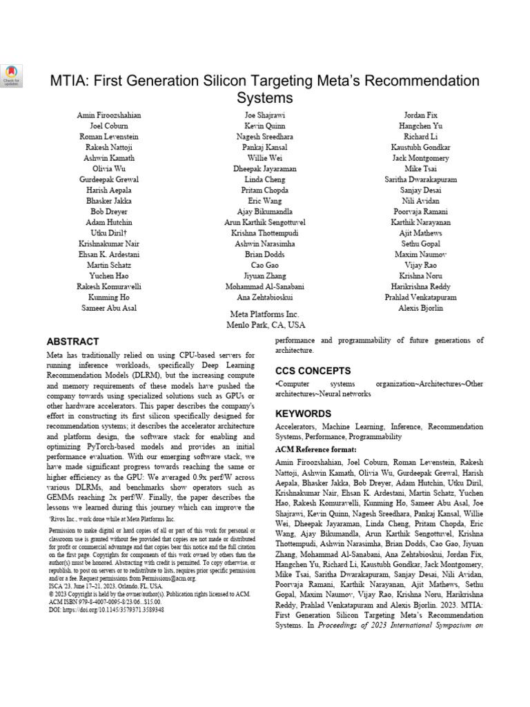 MTIA First Generation Silicon Targeting Meta's Recommendation | PDF ...