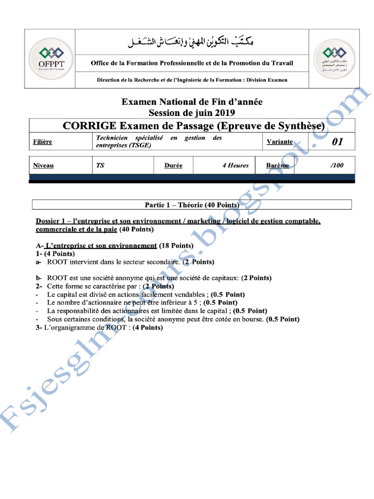 Examen National de Fin D Année Session de Juin 2019 CORRIGE Examen de Passage (Epreuve de ...