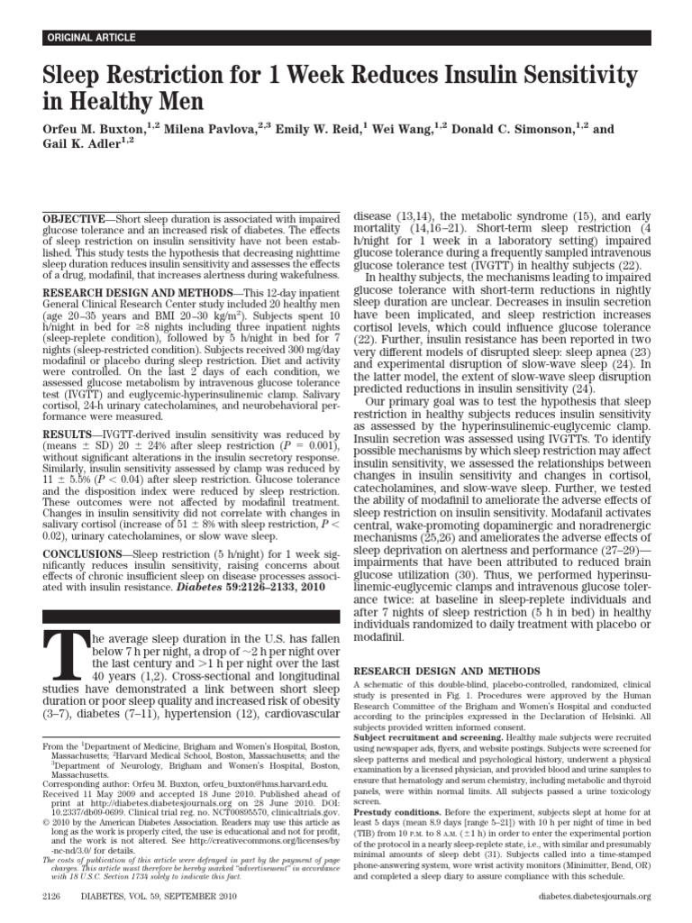 Sleep Restriction Reduces Insulin Sensitivity | PDF | Insulin ...