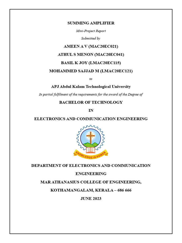 Summing Amplifier | PDF | Operational Amplifier | Amplifier
