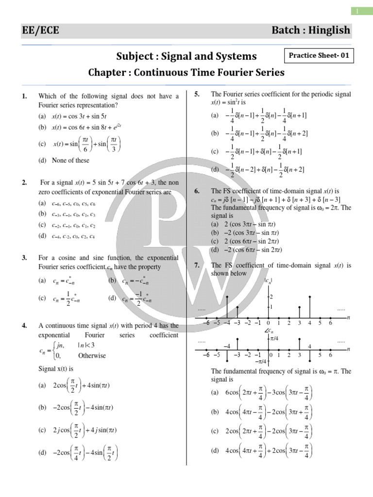 Continuous Time Fourier Series _ Practice Sheet 01 | PDF | Mathematical Analysis | Mathematical ...