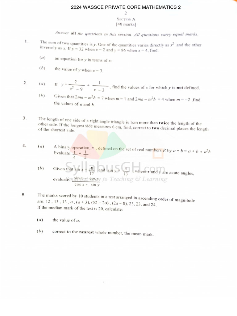 2024 Wassce Private Core Maths 2 | PDF