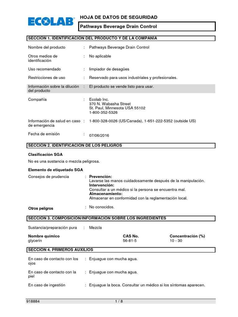 Pathways Drain Control SDS - Spanish | PDF | Solubilidad | Óxido
