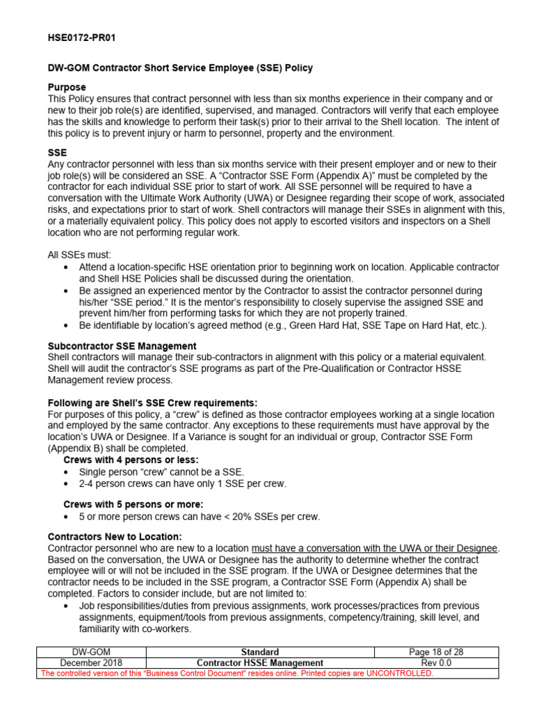 Shell_HSE0172-PR01-Rev0.0 | PDF | Employment | General Contractor