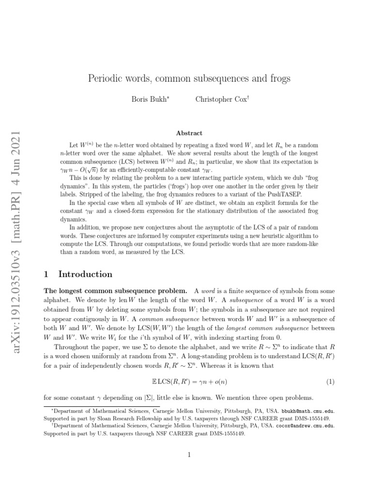 Periodic Words, Common Subsequences and Frogs: Boris Bukh Christopher ...