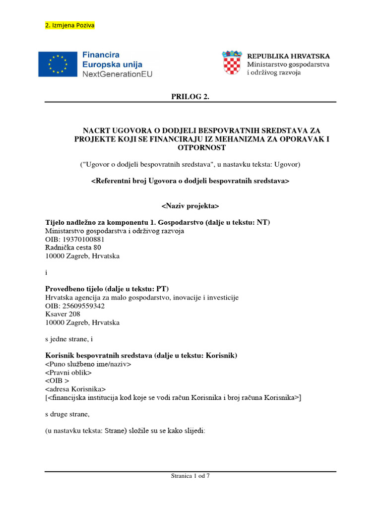 Prilog 2 - Nacrt Ugovora o Dodjeli Bespovratnih Sredstava - Ki - 2.izmjena Poziva | PDF