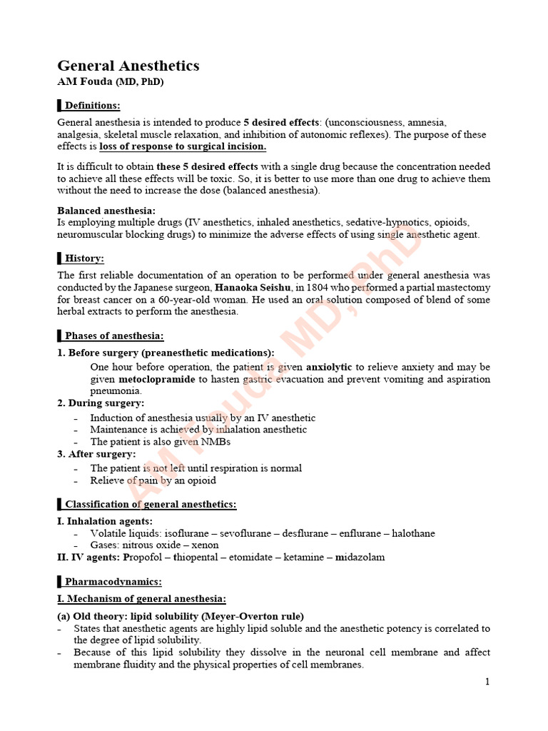 General Anesthetics Document | PDF | Anesthesia | Medical Specialties