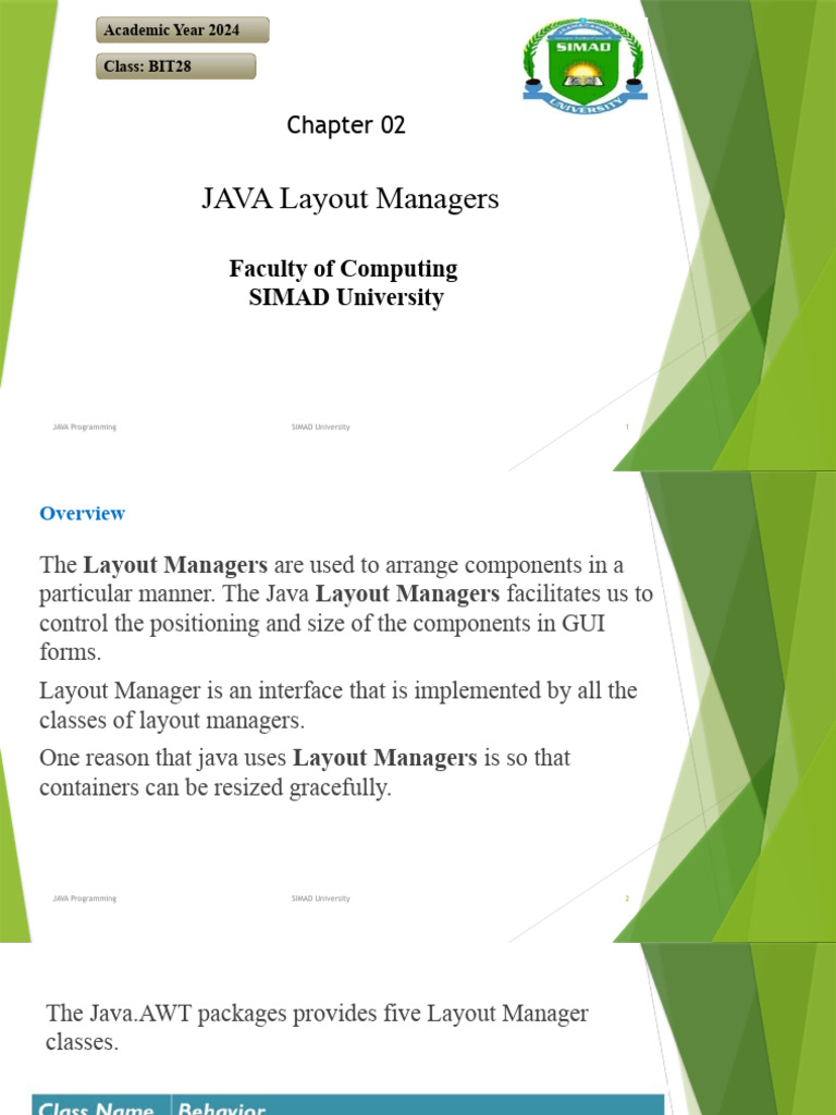Java Layout Managers Overview | PDF | Constructor (Object Oriented Programming) | Programming