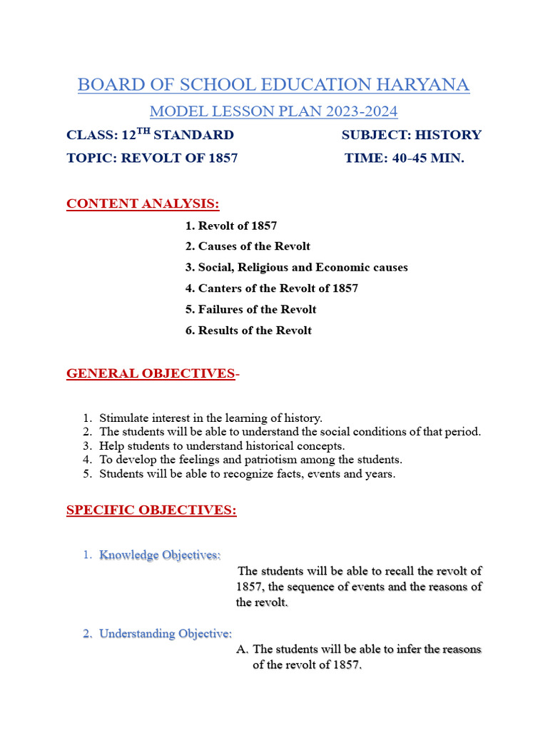 Lesson Plan: Revolt of 1857 | PDF | Indian Rebellion Of 1857 | Knowledge