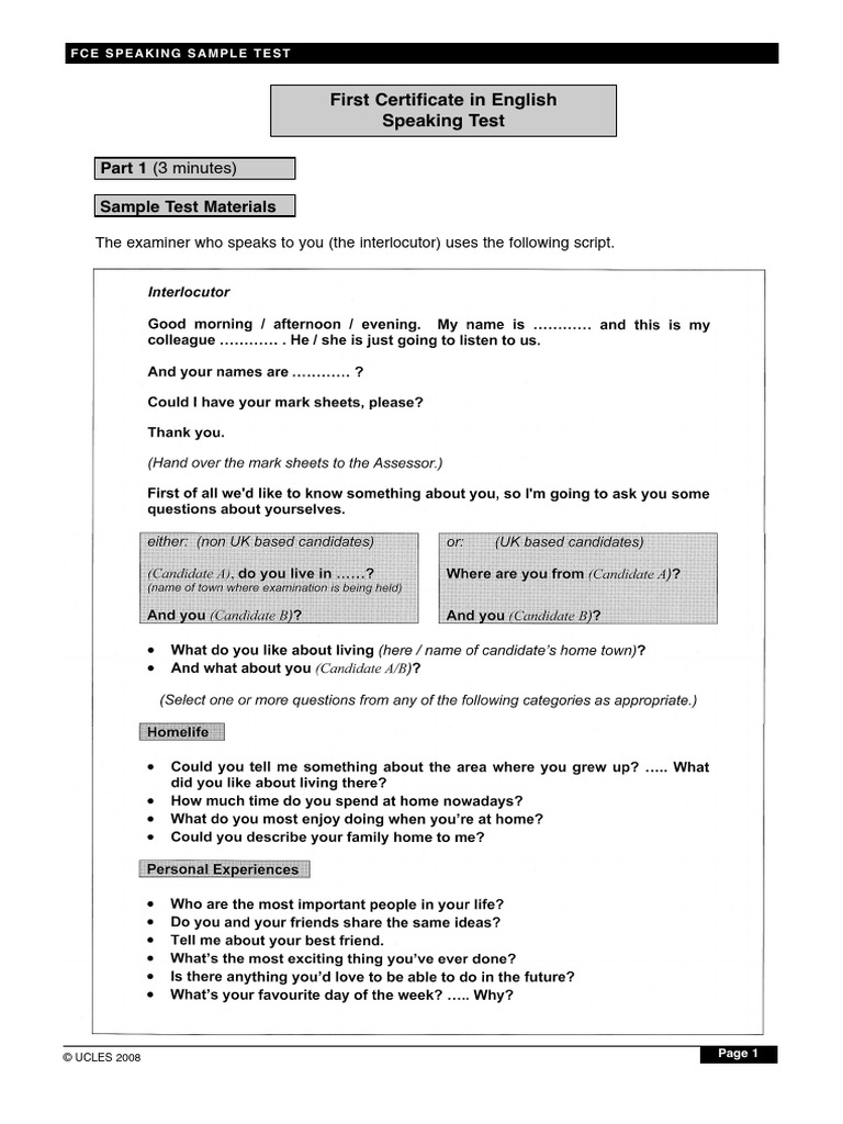 Fce Speaking Sample Test First Certifica | Download Free PDF | English ...