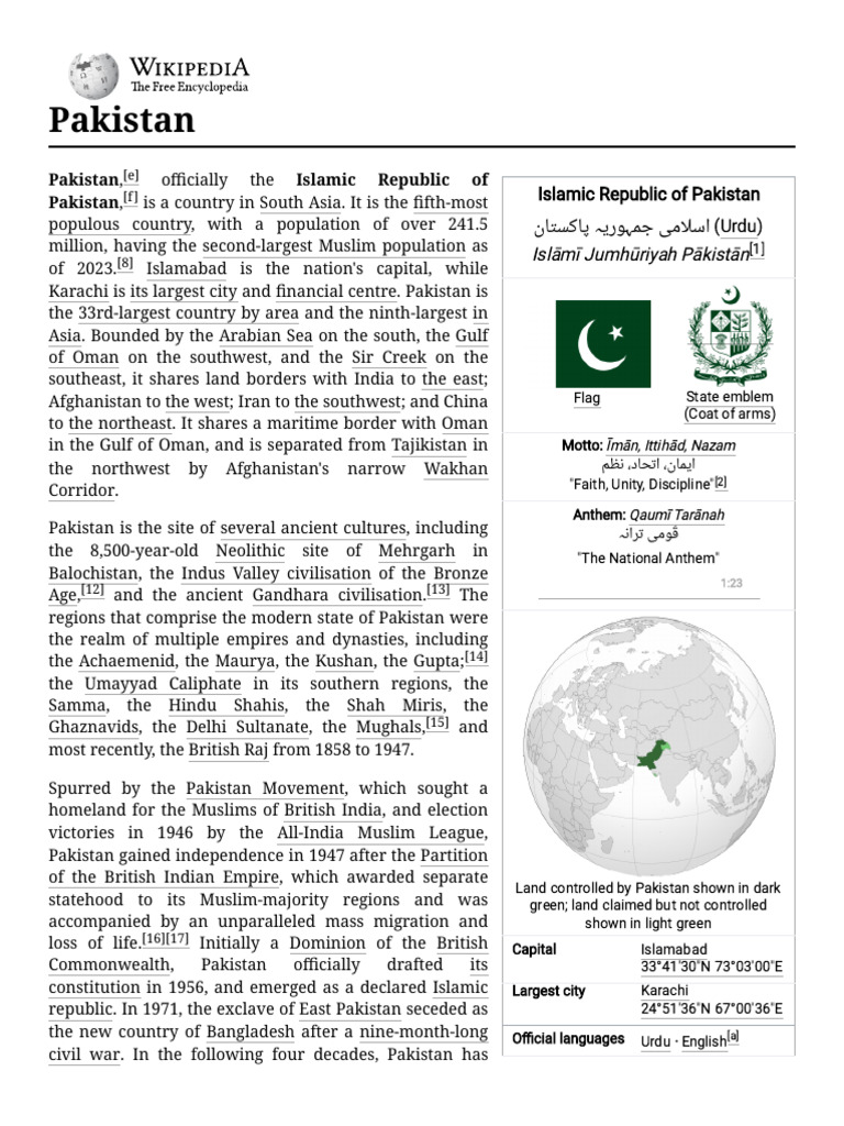 Pakistan - Wikipedia | Download Free PDF | Pakistan | Partition Of India