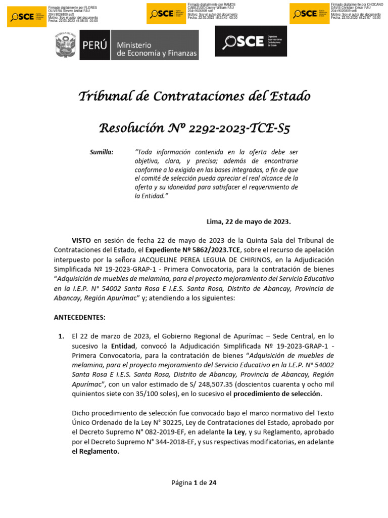 Resolución 2292-2023-TCE-S5 Acreditación Bienes Con Servicios y ...
