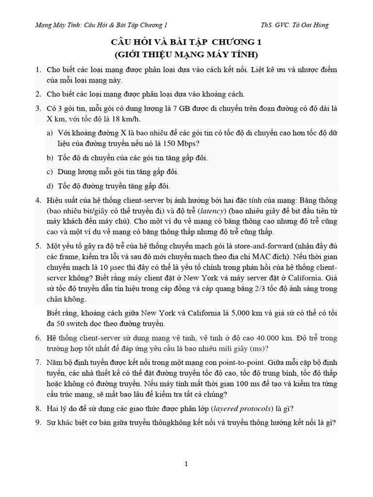 CauHoi BaiTap Chuong 1 | PDF