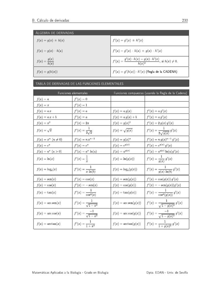 Tabla de Derivadas de Funciones Elementales | PDF
