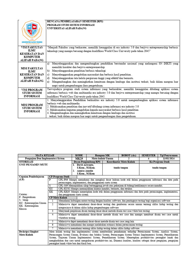RPS Pengujian Dan Implementasi Sistem Fix Oke | PDF