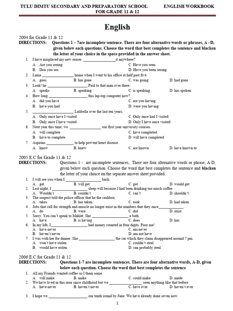 English Workbook Grade 11 & 12 (1) | PDF | English Language | Question