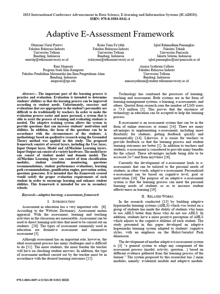 Adaptive E Assessment Framework For Schools Pdf Educational