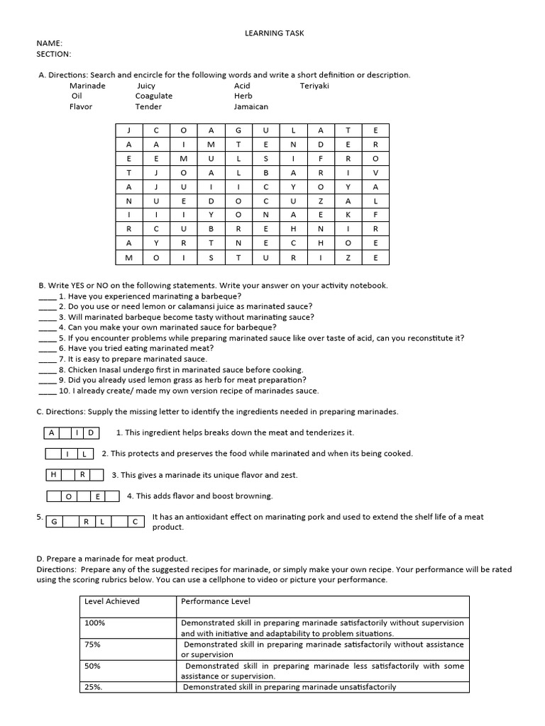 Learning Task Pdf Marination Food And Drink Preparation