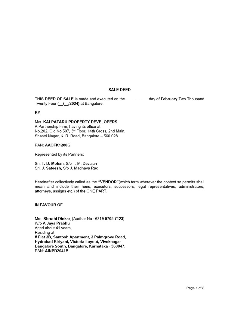 Draft Sale Deed of S.No.3 - Shruthi Dinkar - With Comments. | PDF ...