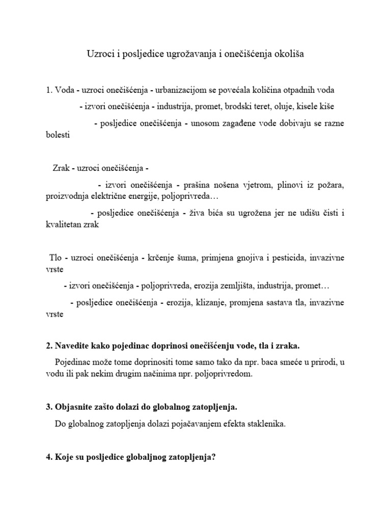 Uzroci I Posljedice Ugrožavanja I Onečišćenja Okoliša | PDF