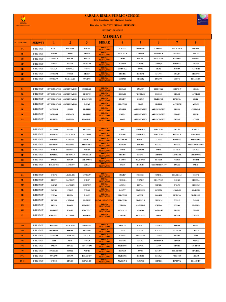 Time Table Sr. Wing 6-12 Wef 1 April 2024 | PDF | Gaming Organizations | Game Manufacturers