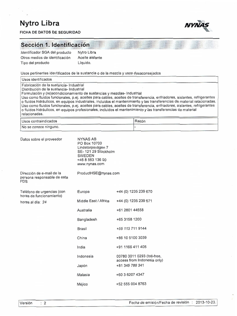 Hoja de Seguridad - Aceite Nynas Nytro Libra | Descargar gratis PDF ...
