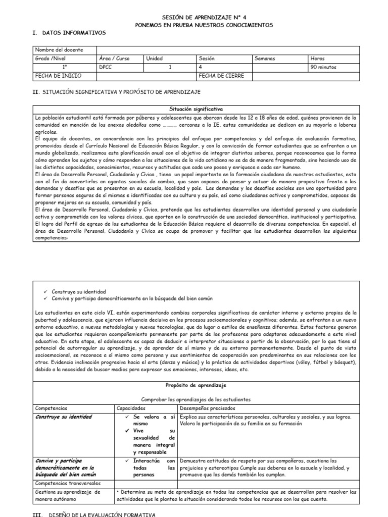 Sesión de Aprendizaje #4 - DPCC 1° | PDF | Aprendizaje | Evaluación
