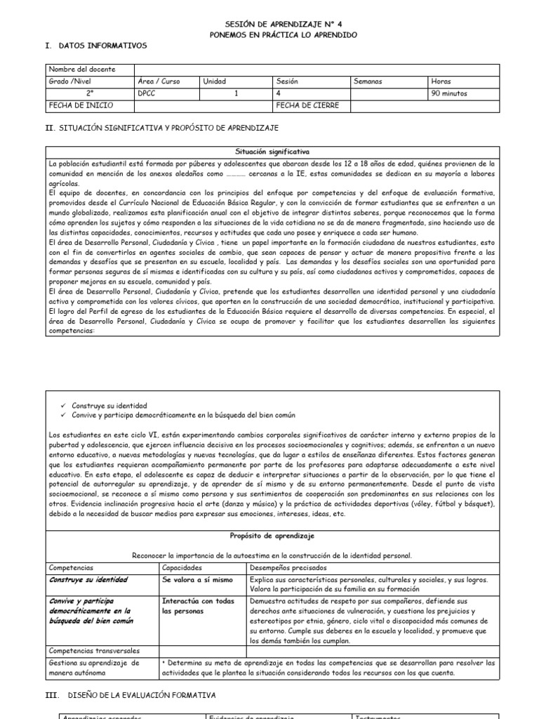 SESIÓN DE APRENDIZAJE N° 4 - DPCC 2° | PDF | Aprendizaje | Evaluación