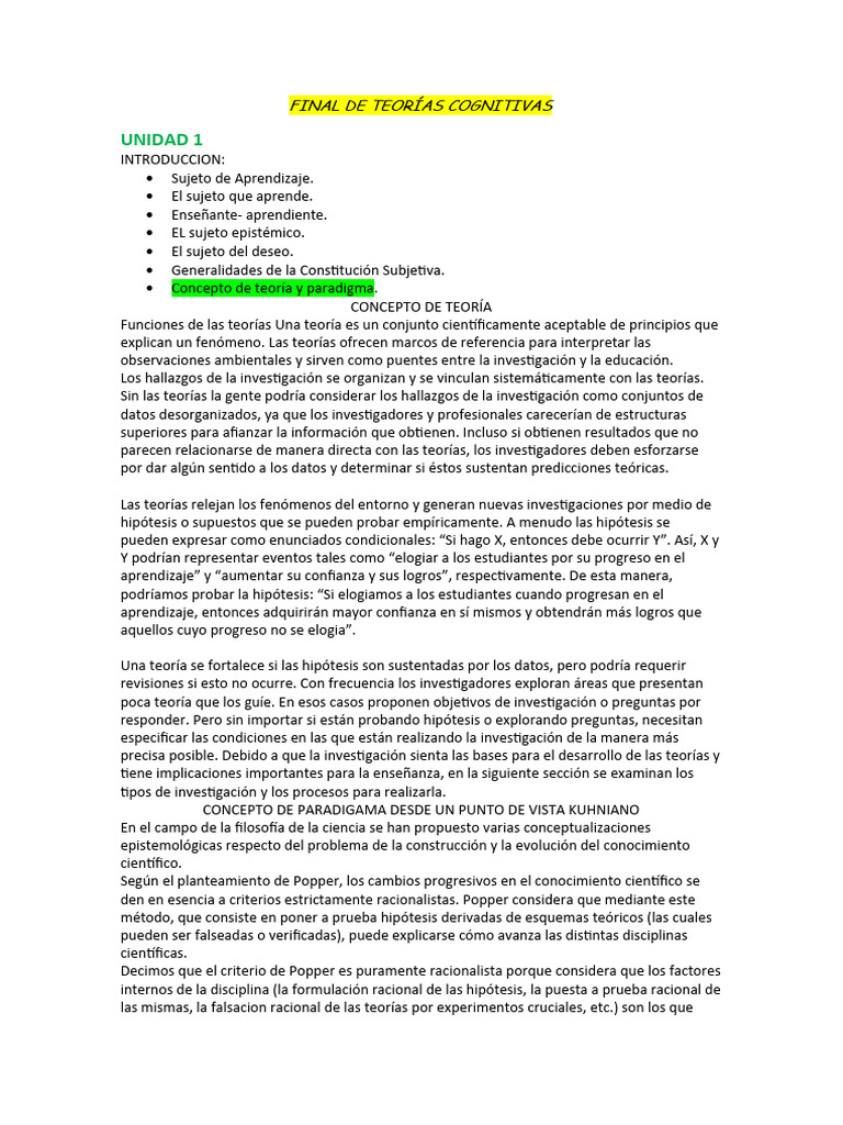 Final de Teorías Cognitivas | PDF | Paradigma | Karl Popper