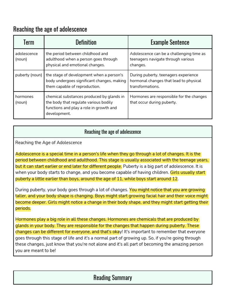 Reaching the age of adolescence- by Diffit (printable) | PDF | Adolescence | Puberty