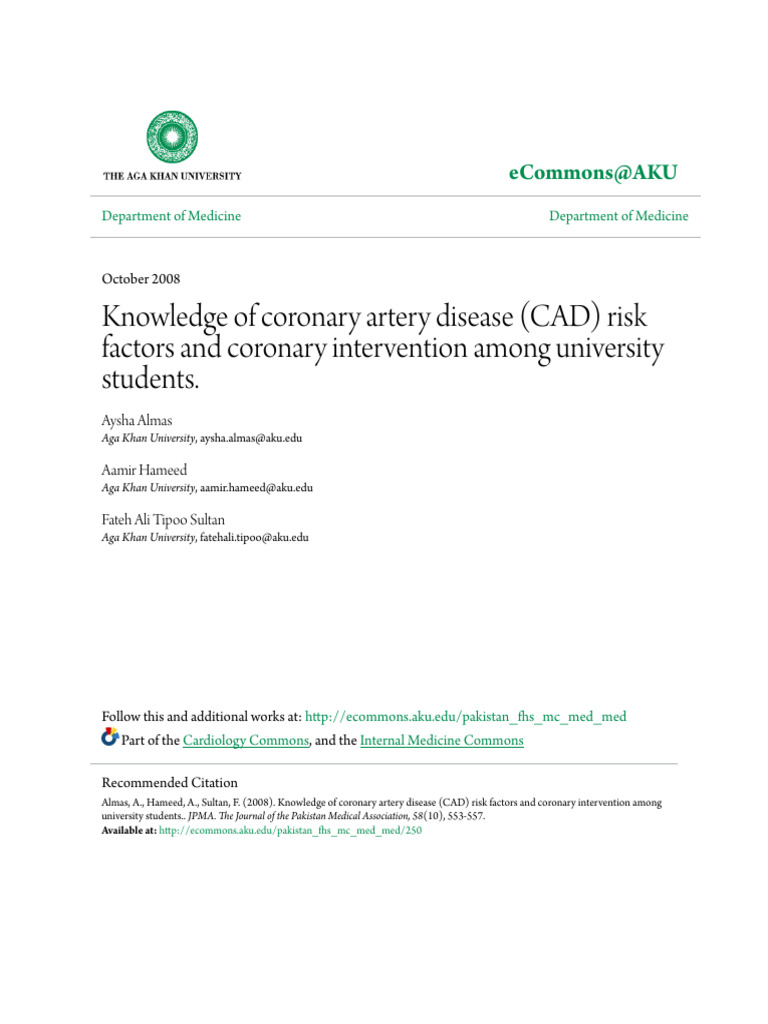 Knowledge of Coronary Artery Disease (CAD) Risk Factors and Coron ...