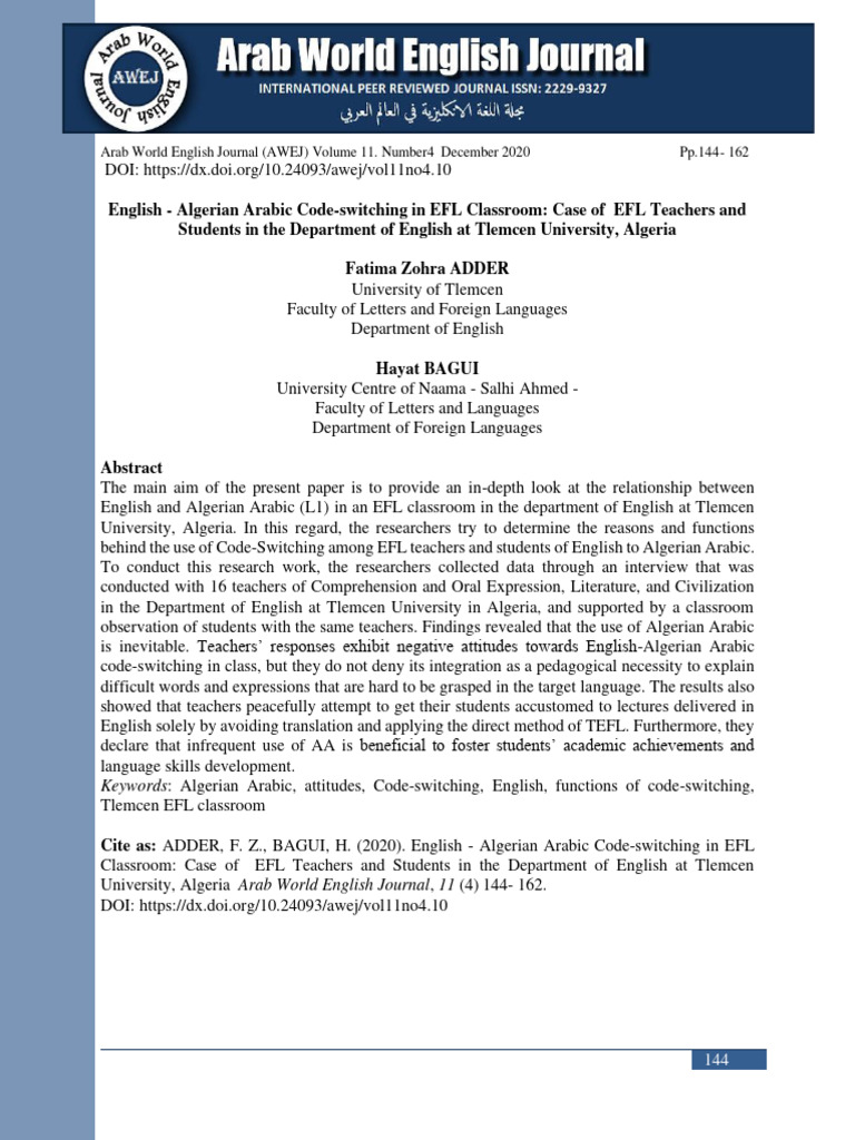 Arab World English Journal (AWEJ) Volume 11. Number4 December 2020 Pp ...