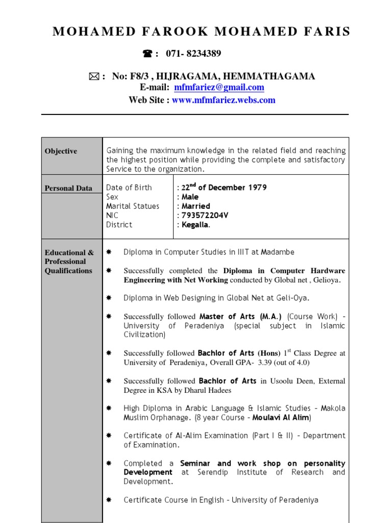Faris CV | PDF | Diploma | Bachelor Of Arts