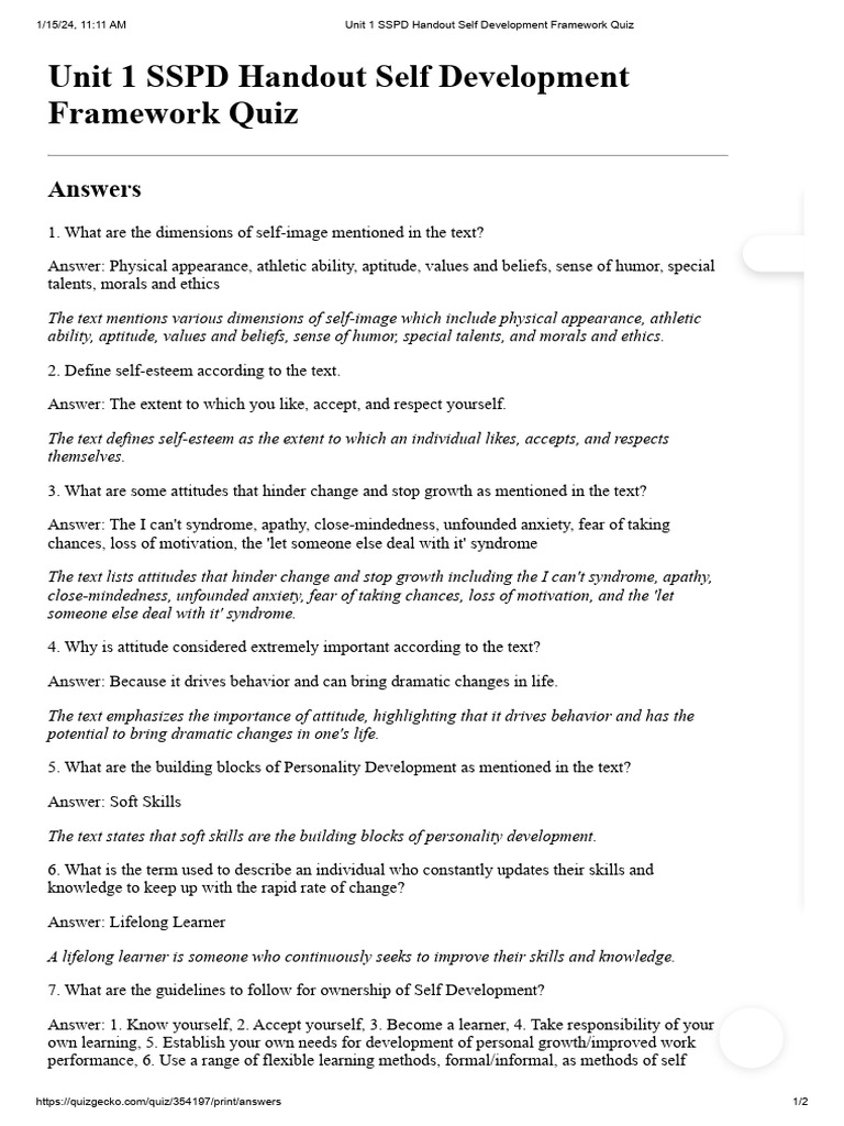 Unit 1 SSPD Handout Self Development Framework Quiz | PDF | Personal ...
