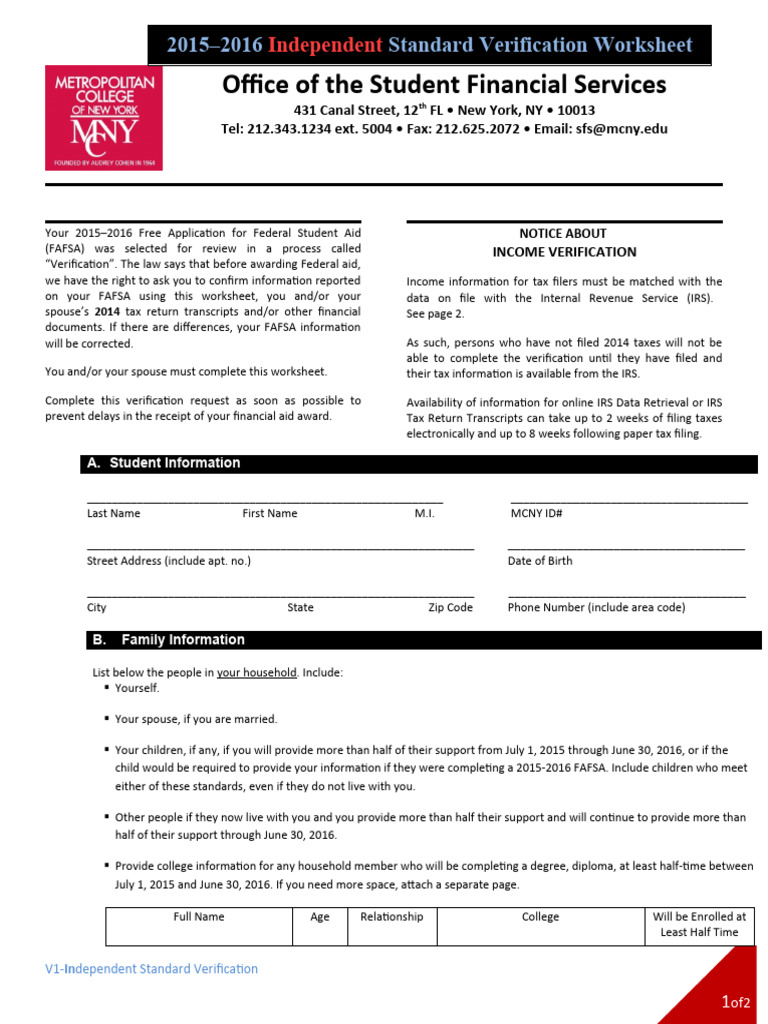 2015-16 Independent Standard Verification Worksheet (V1) | PDF | Irs ...