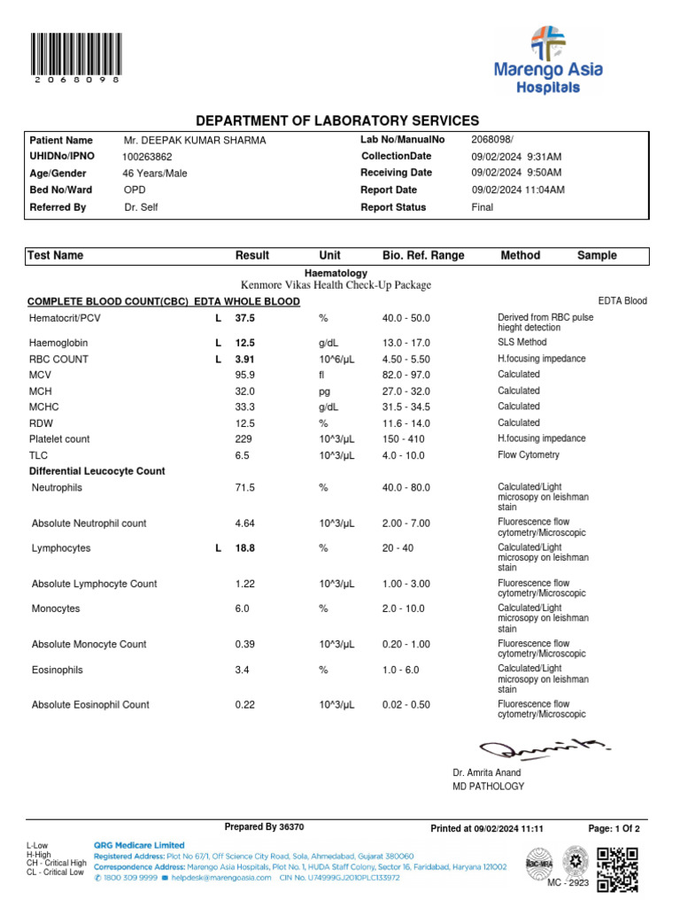 Department of Laboratory Services: Test Name Result Unit Bio. Ref ...