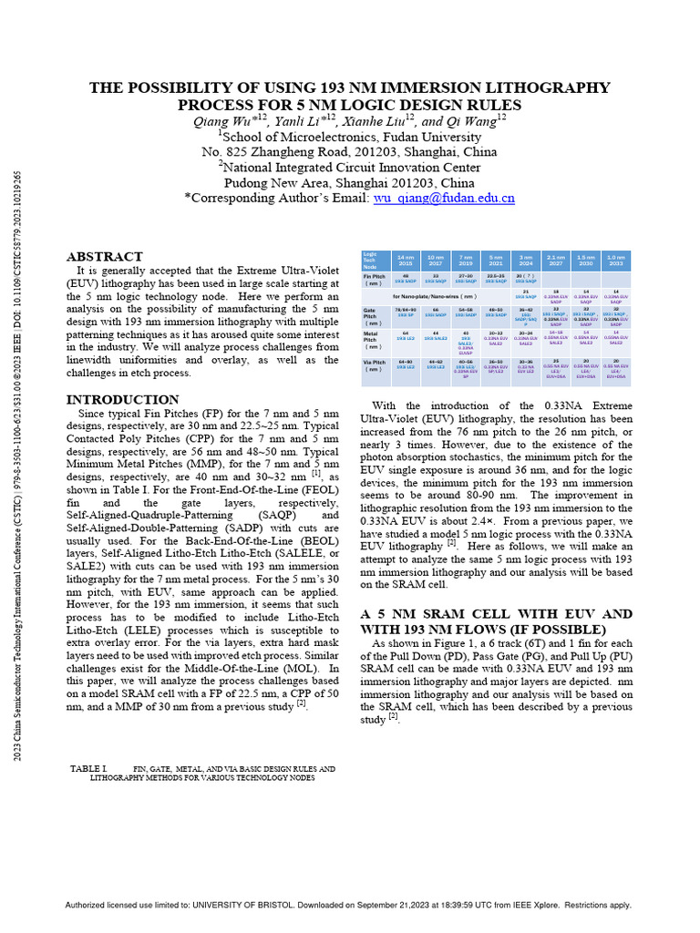 The Possibility of Using 193 NM Immersion Lithography Process For 5 NM ...