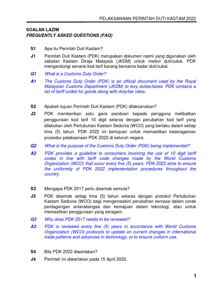 Faq Perintah Duti Kastam (PDK) 2022 | PDF