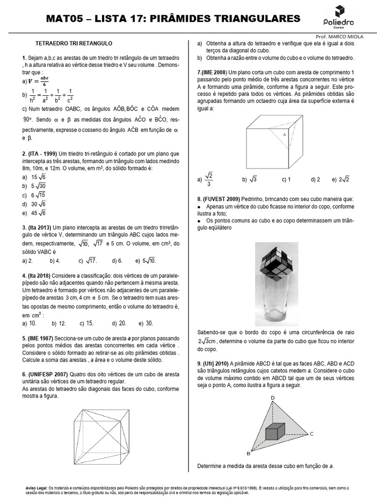 MAT5 - Lista 17 - Pirâmides Triangulares | PDF | Triângulo | Tetraedro