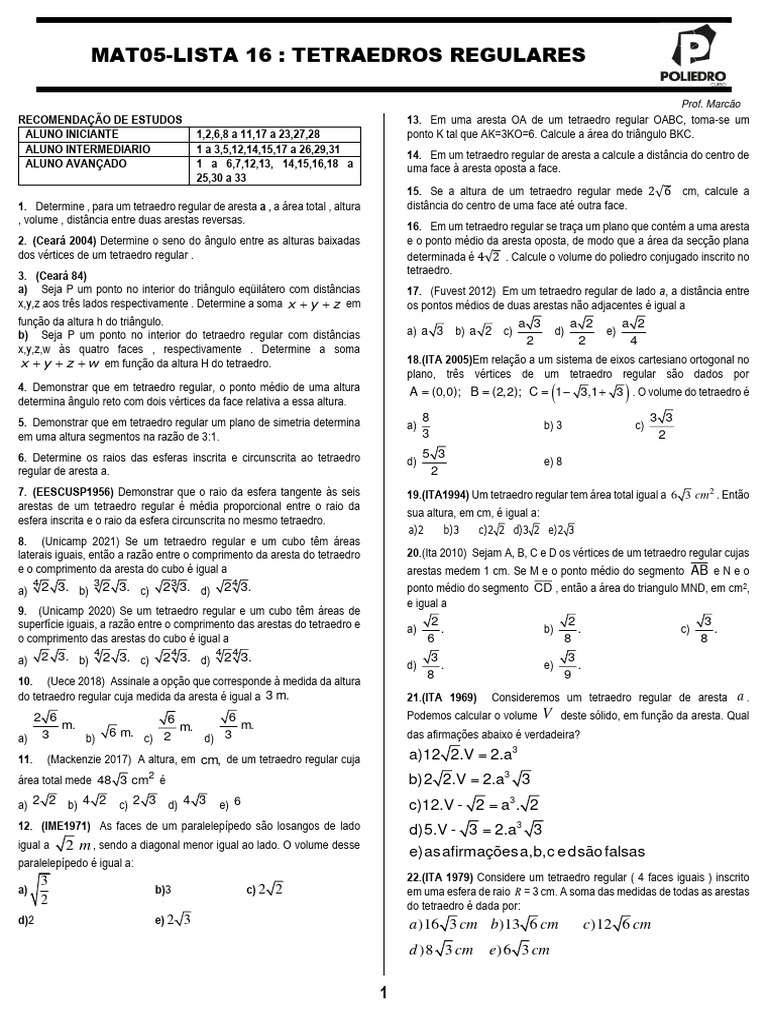 MAT5 - Lista 16 - Tetraedos Regulares | PDF | Tetraedro | Triângulo