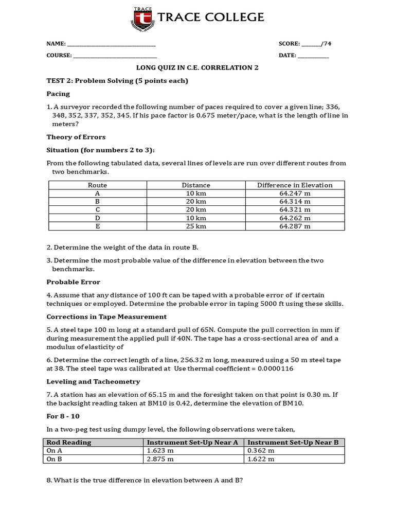 Long Quiz C.E. Correlation 2 | PDF | Surveying | Metre