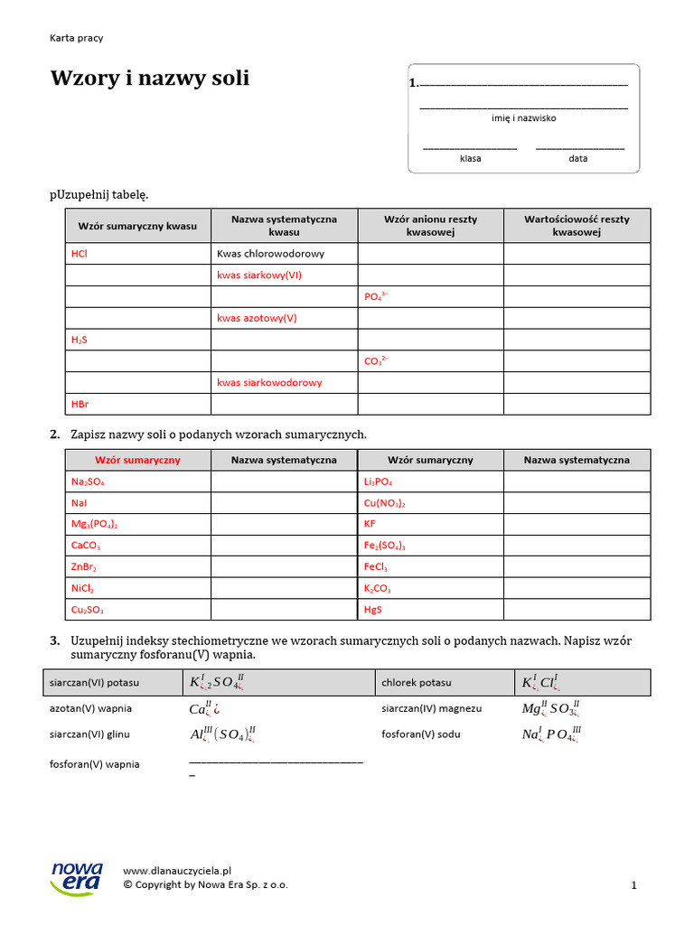 Wzory-i-Nazwy-Soli-Karta-Pracy-1 | PDF